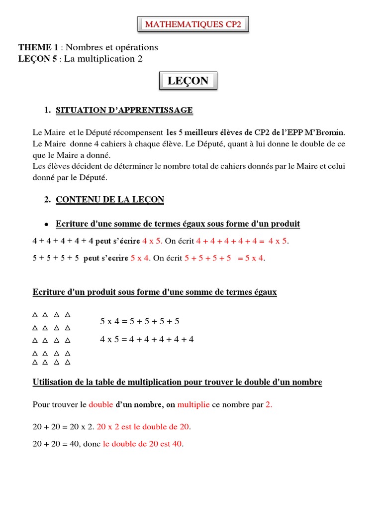 Leçon sur la multiplication CP2 | PDF