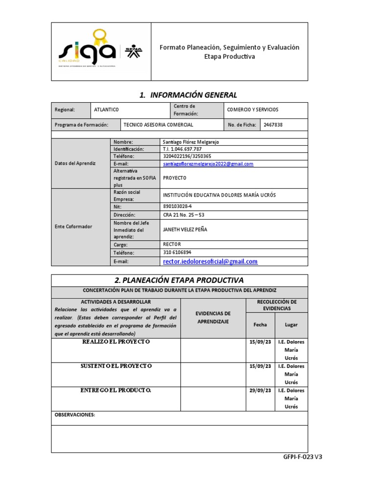 GFPI-F-023 Seguimiento - Ejemplo | PDF | Evaluación