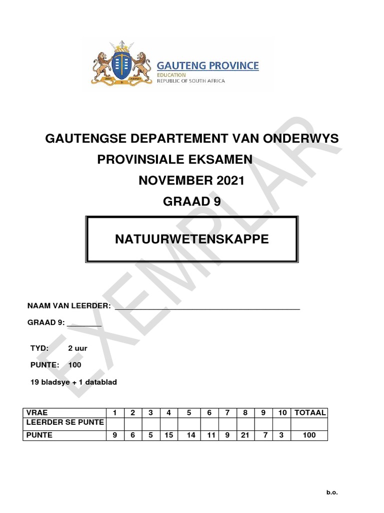 Grade 9 Provincial Examination Natural Sciences (Afrikaans) November 2021 Question Paper | PDF