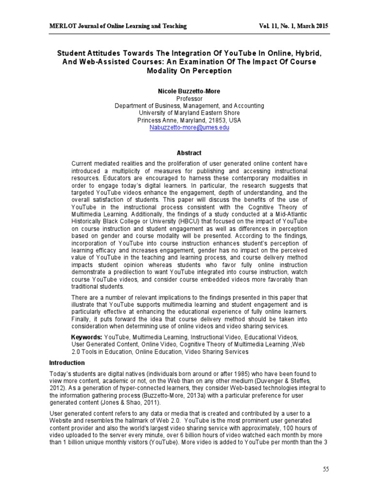 Student Attitudes Towards The Integration of YouTube in Online, Hybrid ... Student Attitudes Towards The Integration of YouTube in Online, Hybrid ...