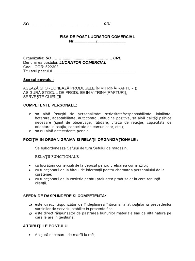 Lucrator Comercial Cu Atributii Si Casier (Domeniu Nealimentar) | PDF
