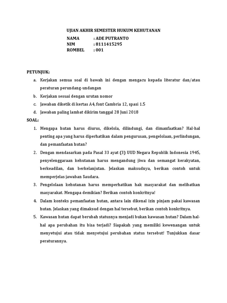 Ujian Hukum Kehutanan: Soal dan Jawaban | PDF | Ilmu Sosial
