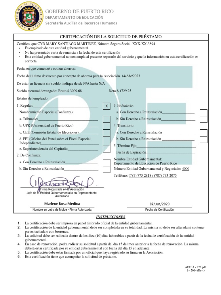 Certificación de Solicitud de Préstamo AEELA | PDF | Gobierno