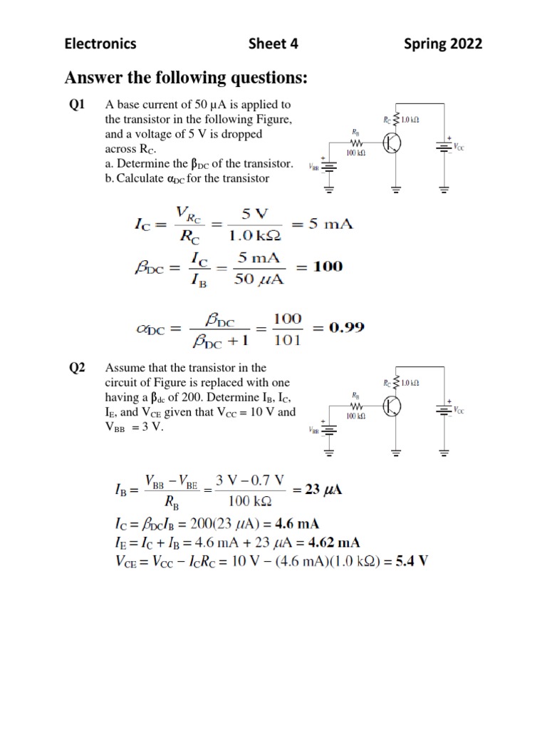 Sheet 4 Electronics - Answer | PDF | Bipolar Junction Transistor | Transistor