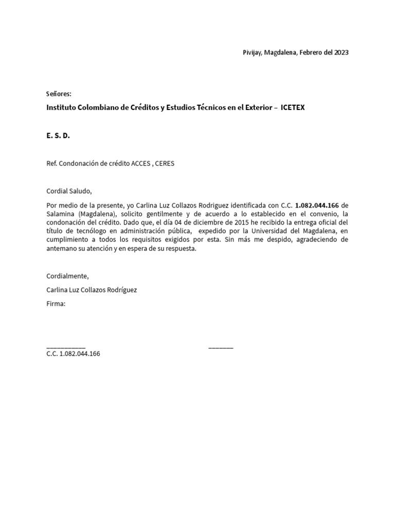 Solicitud de Condonacion de Credito Icetex | PDF