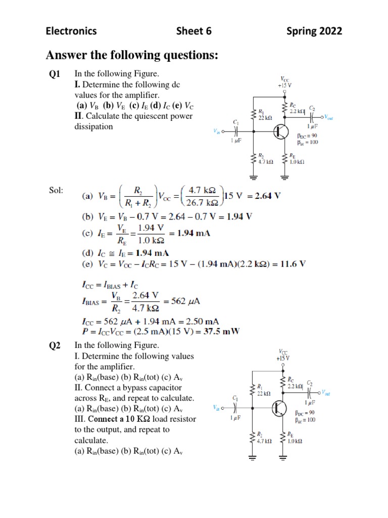 Sheet 6 Electronics - Answer | PDF | Amplifier | Electronic Circuits