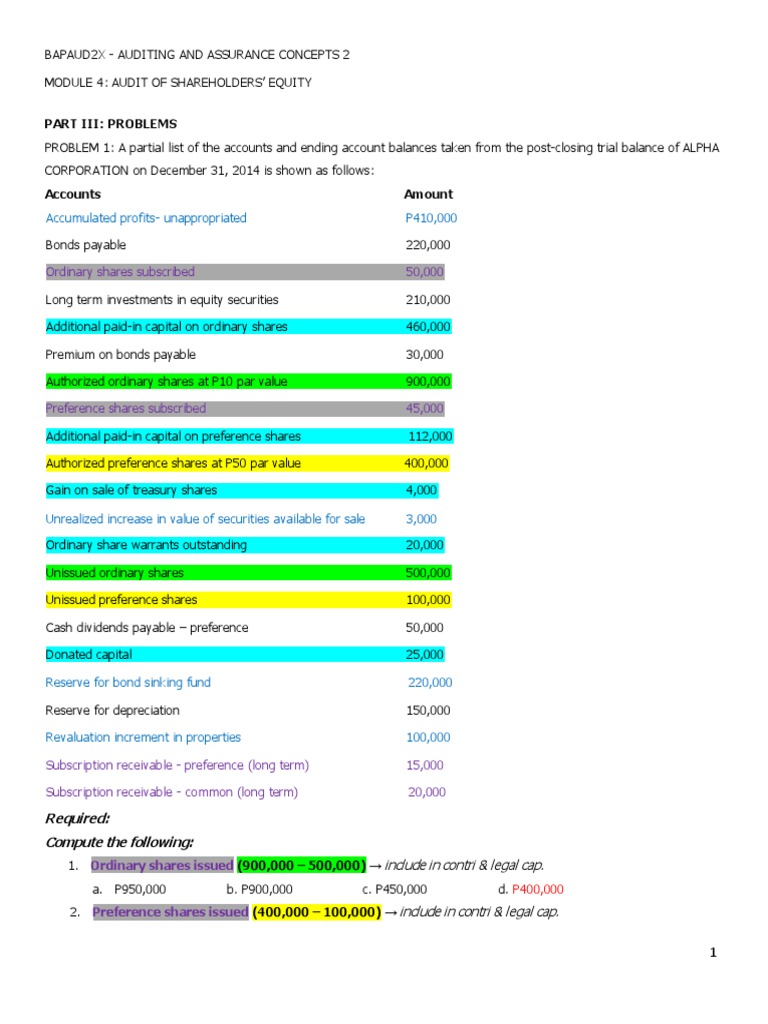 Auditing Problem For Shareholder's Equity | PDF | Retained Earnings | Dividend