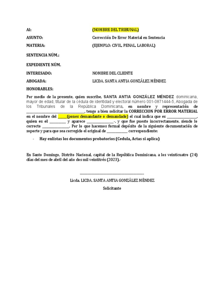 Instancia Correccion Error Material Modelo PDF