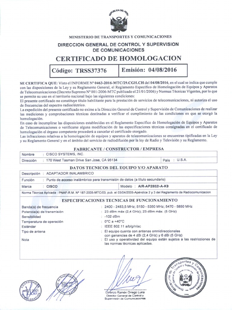 Certificado de Homologacion Modelo | PDF