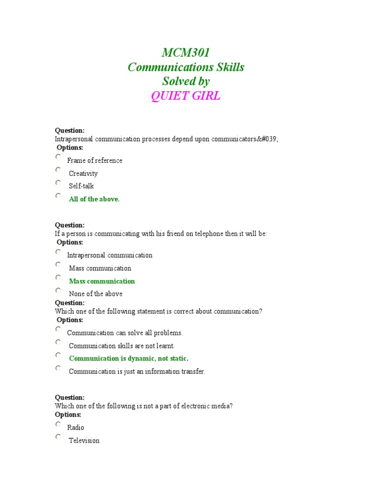 MCM301 MCQZ Solved | PDF | Communication | Linguistics MCM301 MCQZ Solved | PDF | Communication | Linguistics