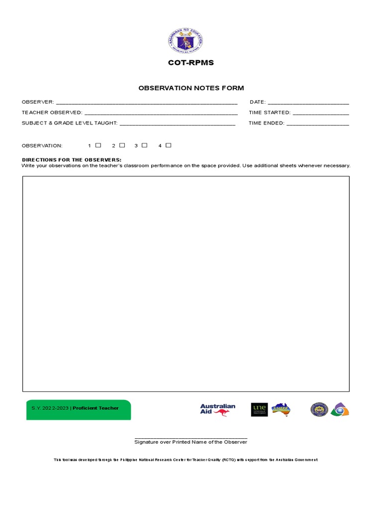 (Appendix C-08) COT-RPMS Observation Notes Form | PDF