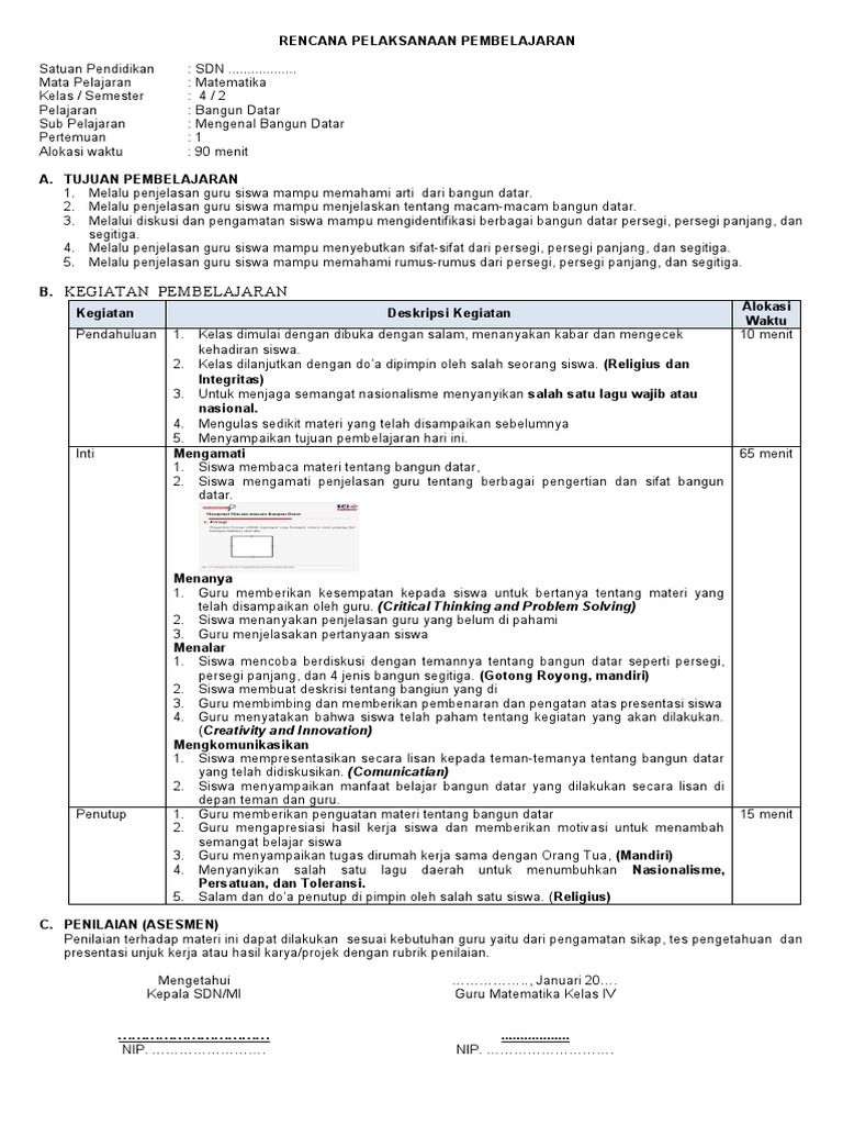 RPP MTK Kelas 4 SM 2 - Bangun Datar | PDF