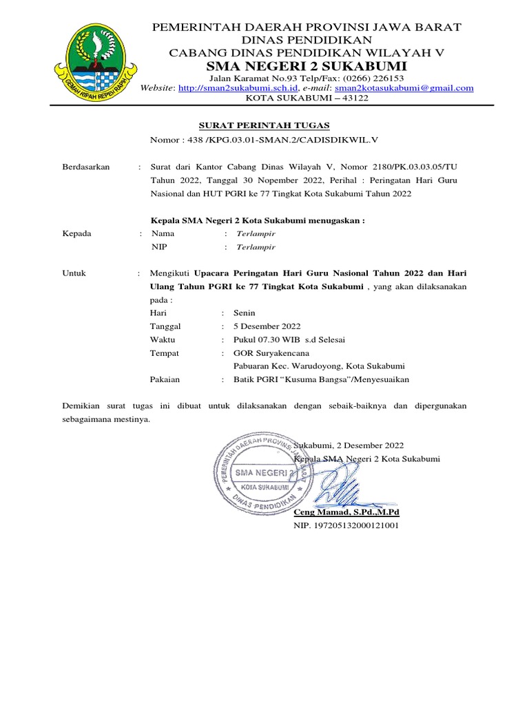 Surat Tugas Peringatan HGN Dan HUT PGRI Ke 77 Tahun 2022 | PDF