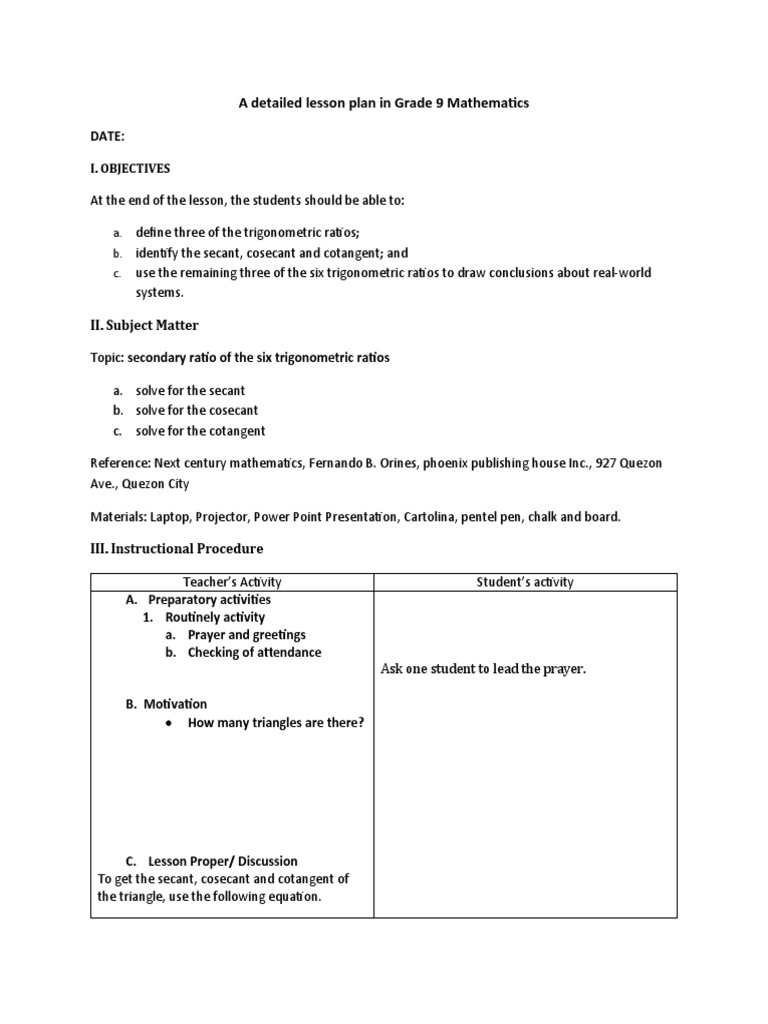 A Detailed Lesson Plan in Grade 9 Mathematic2 | PDF | Trigonometric ...