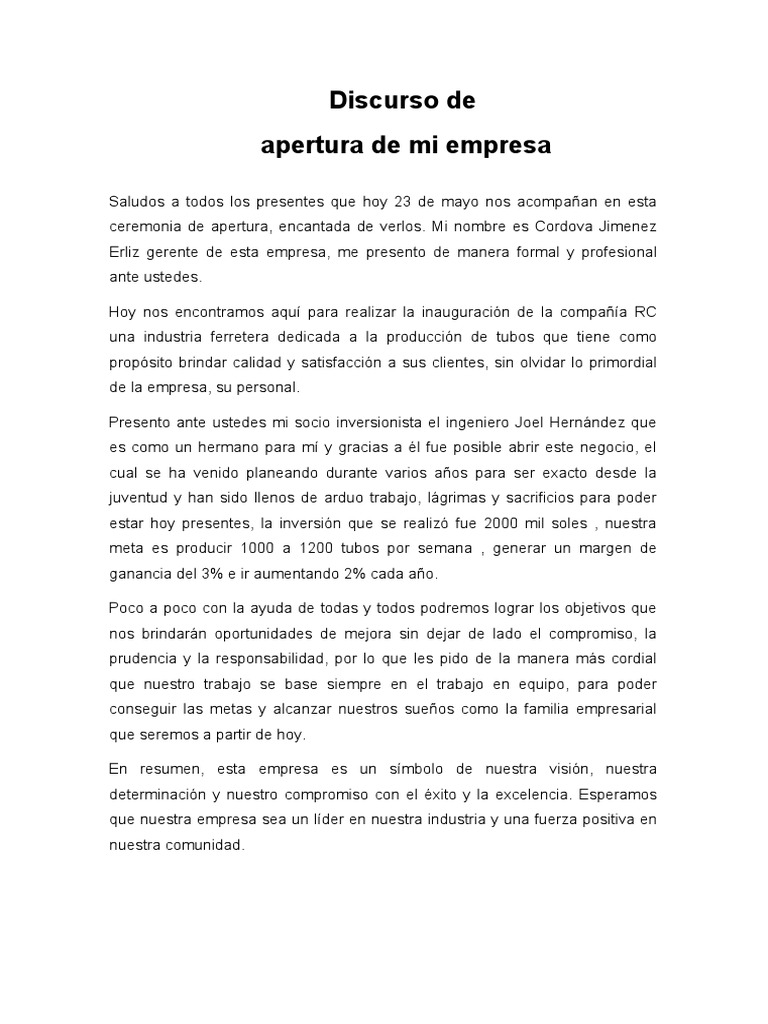 Discurso de Apertura de Mi Empresa | PDF