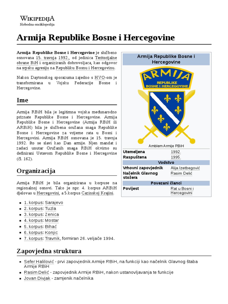 Armija Republike Bosne I Hercegovine | PDF
