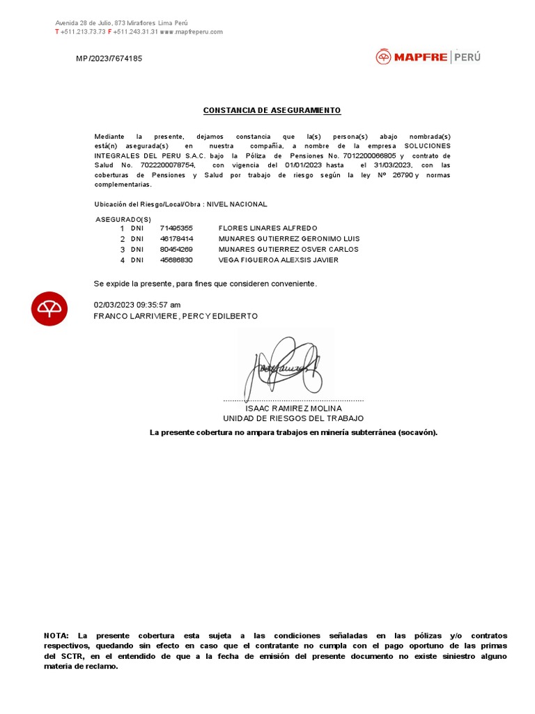 SCTR Mapfre - Constancia Salud y Pension 06 - 01.01.23 al 31.03.23 | PDF