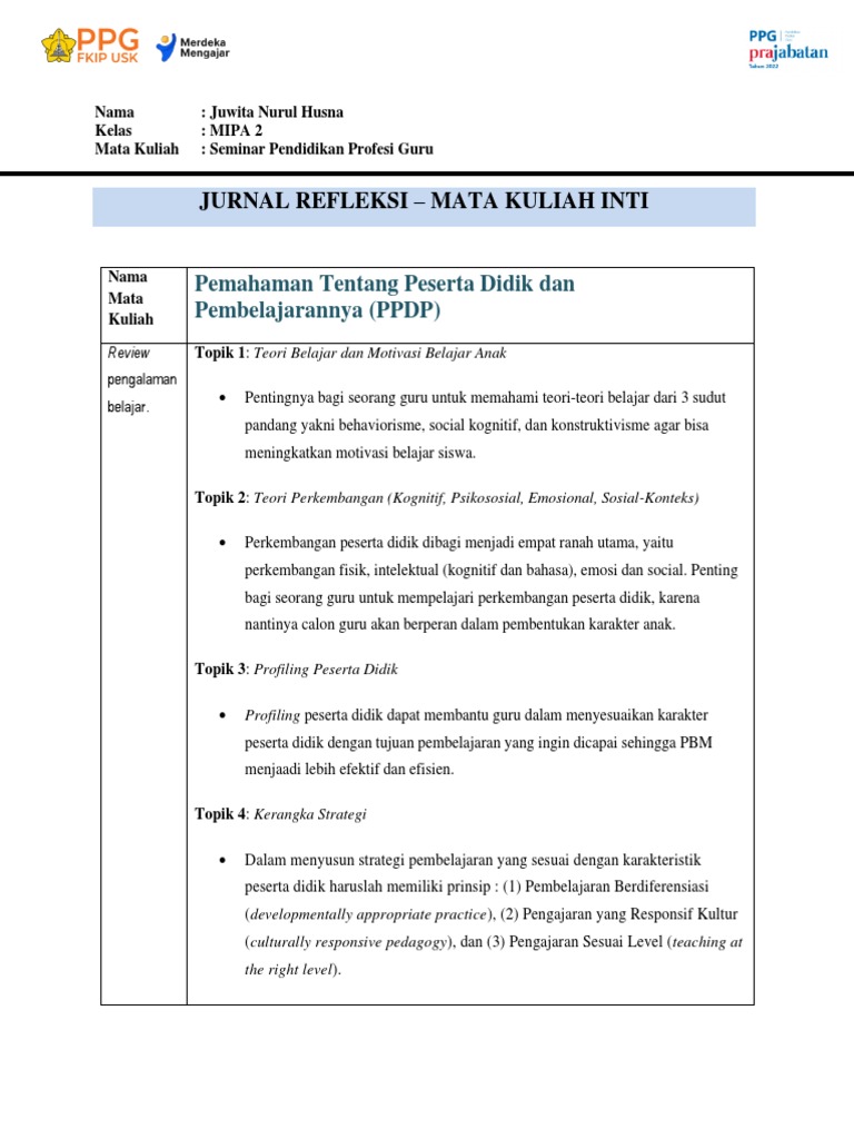 Jurnal Refleksi PPDP & PPAE - Juwita Nurul Husna (MIPA 2) | PDF | Karier & Perkembangan
