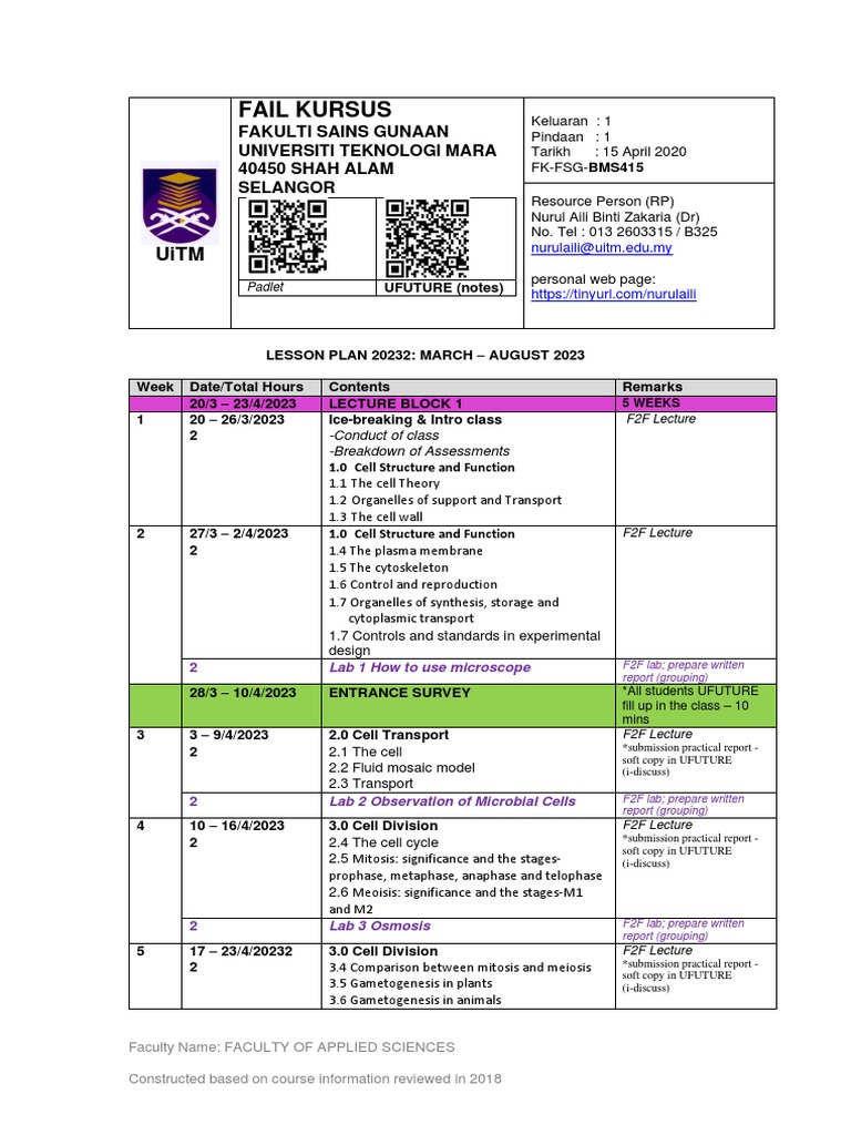 BMS415 - Lesson Plan & Conduct of Class | PDF | Meiosis | Cell (Biology)