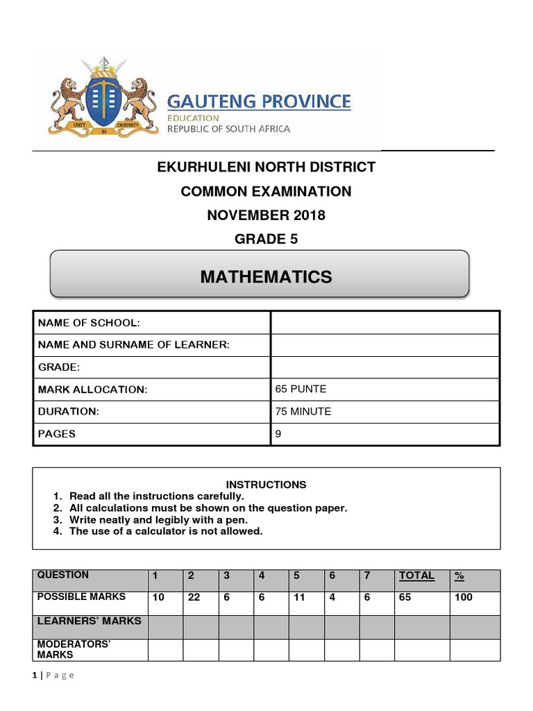 Grade 5 November Math Exam Paper | PDF | Litre | Mathematics