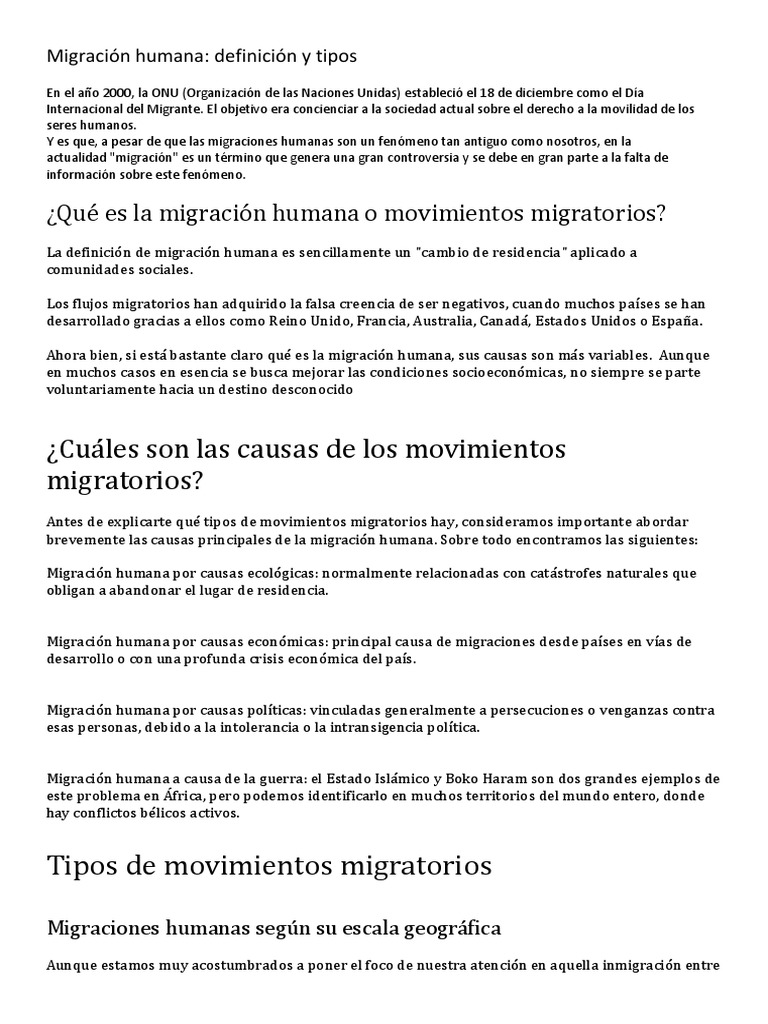 Definición y tipos de migración humana | PDF | Migración humana ...