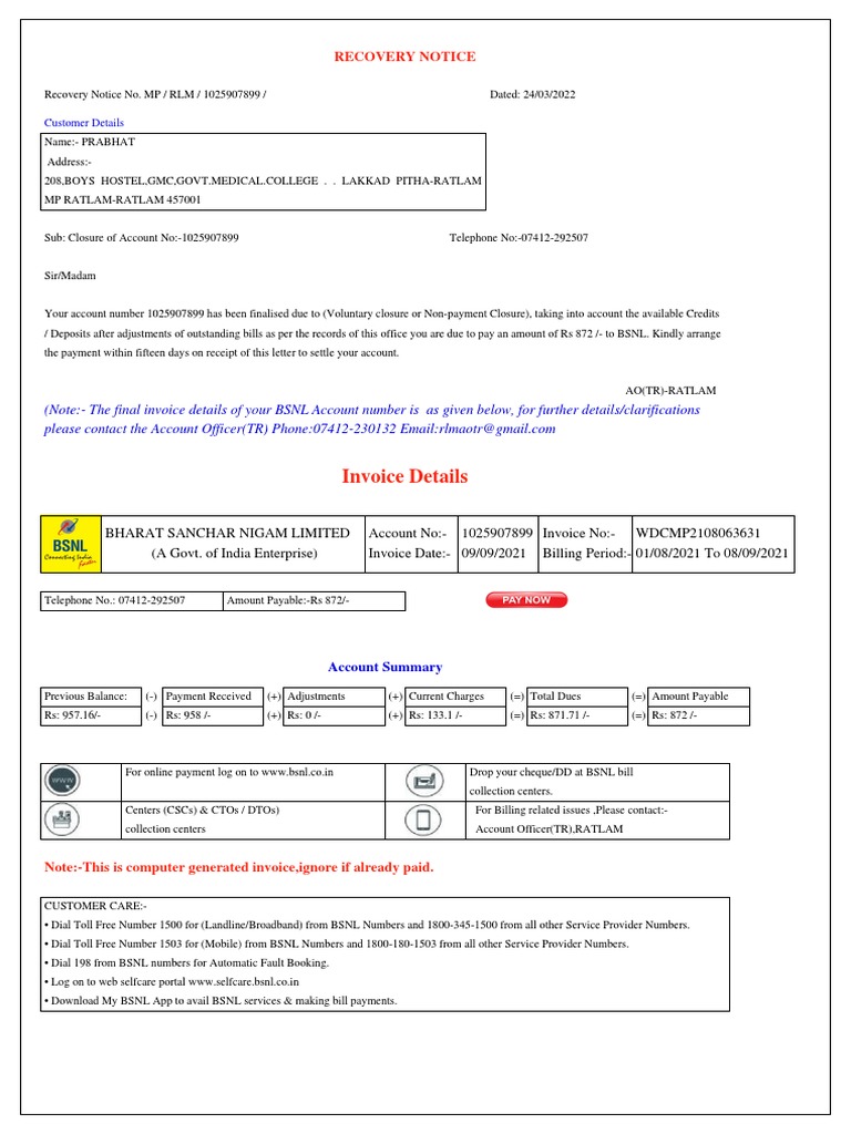 Invoice Details: Recovery Notice | PDF | Invoice | Telephony
