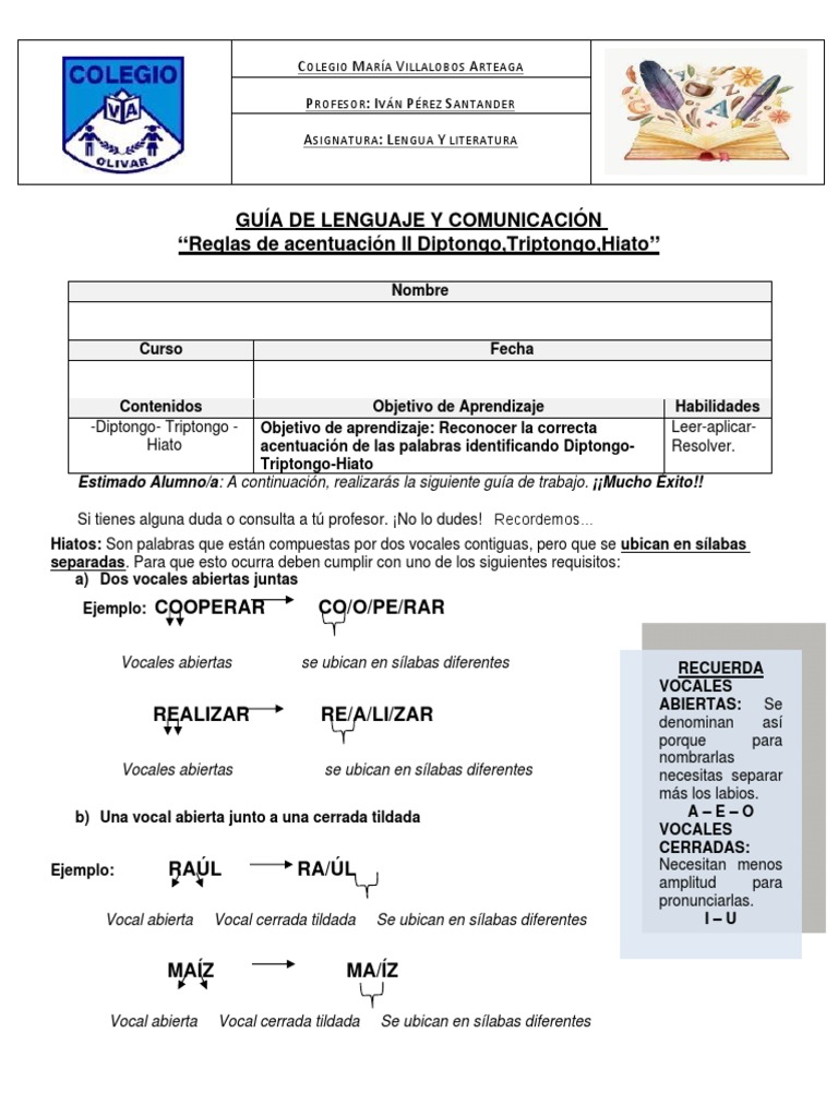 7MO 8VO Acentuación Diptongo Triptongo Hiato | PDF | Vocal | Sílaba