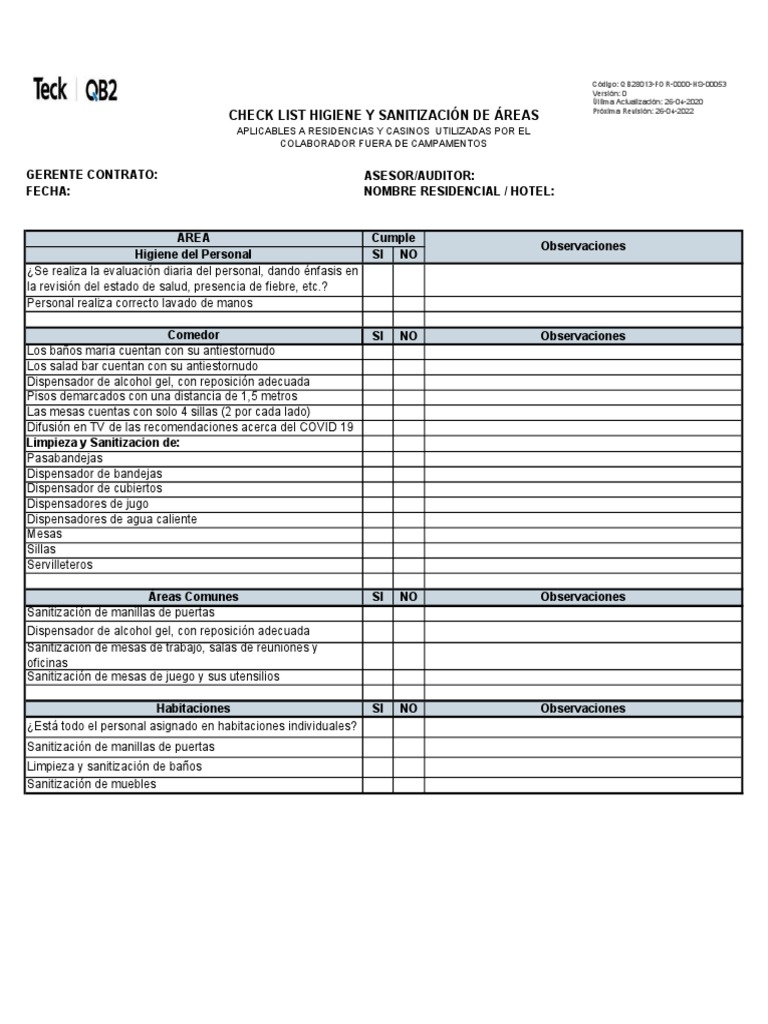 Check List Higuiene y Sanitizacio Ün de Areas | PDF | Higiene | Salud ...