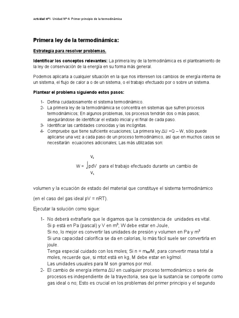 Actividad Nº1-Unidad Nº4. Primer Principio de La Termodinàmica | PDF | Termodinámica | Calor
