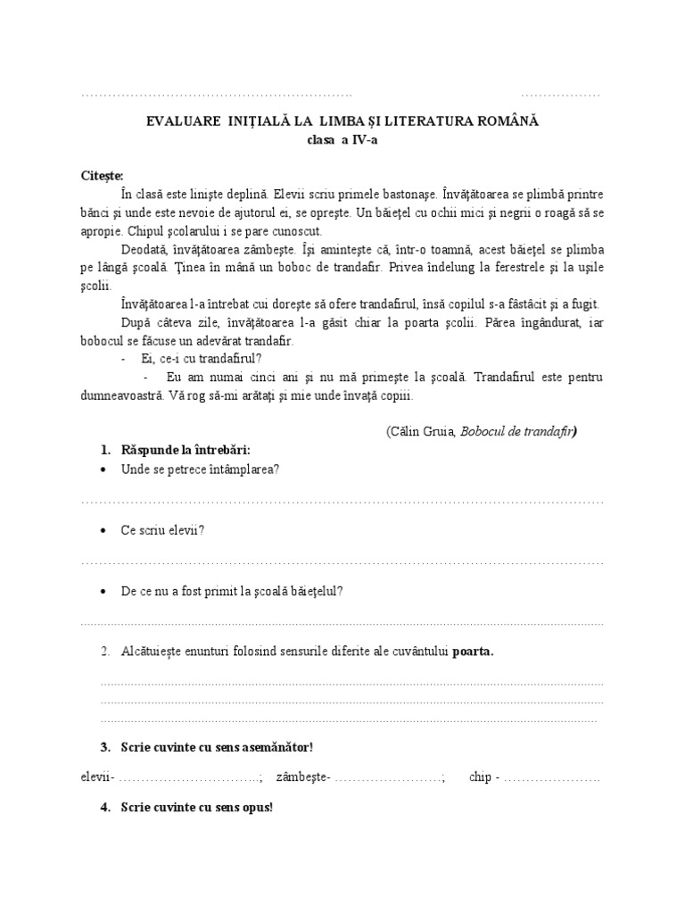 Evaluare Initiala Limba Romana IV | PDF