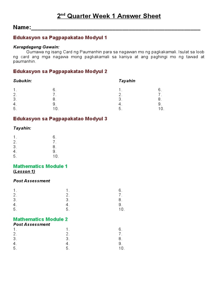 2nd Quarter Week 1 Answer Sheet | PDF