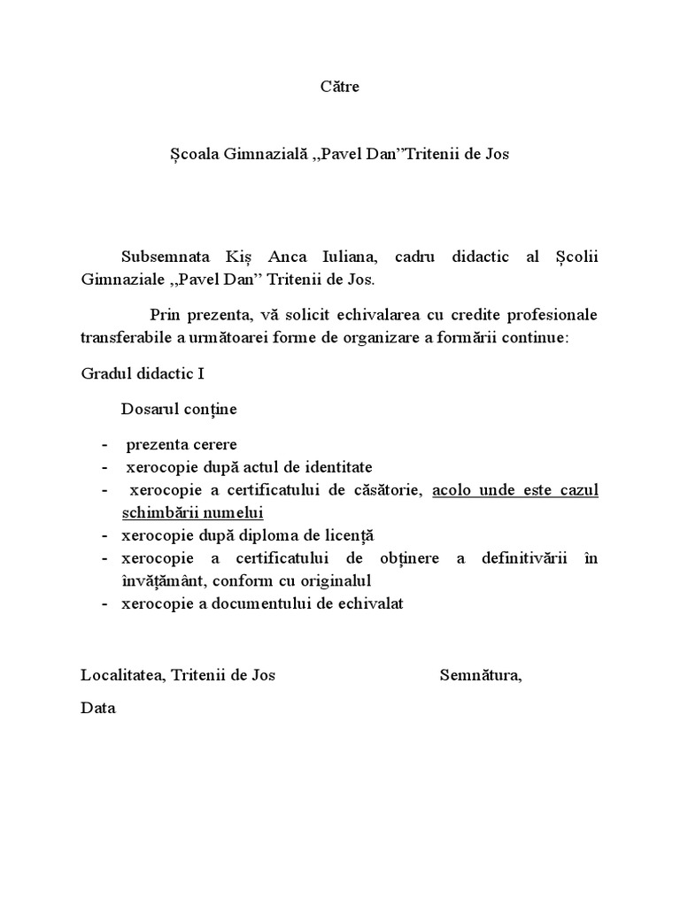 Cerere Cadru Didactic Form Cont | PDF