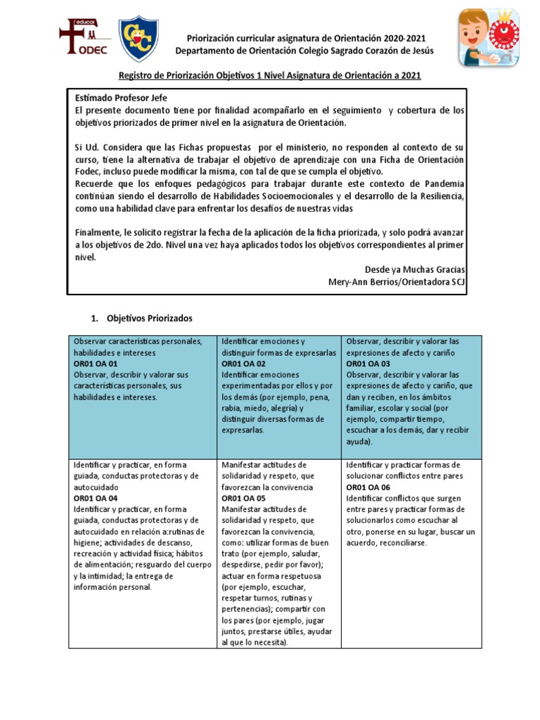 Priorización Obj. 1er nivel 1° | PDF | Las emociones | Aprendizaje