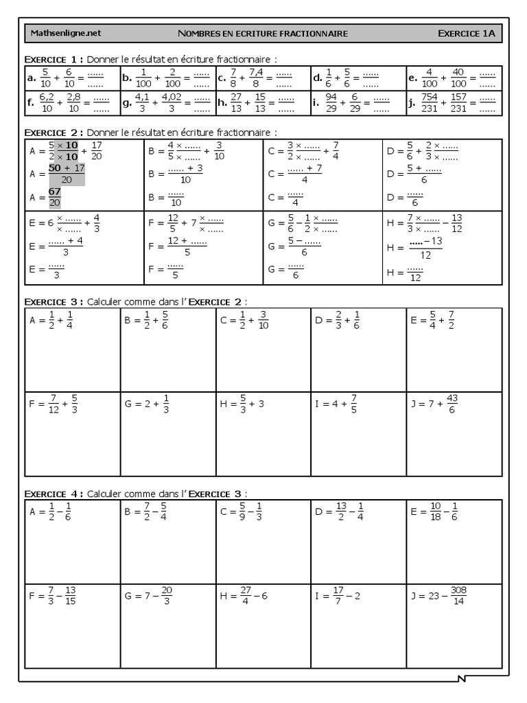 Chap 7 - Exercices 1A - Addition Et Soustraction de Fractions (Simples) - CORRIGE | PDF | Échecs