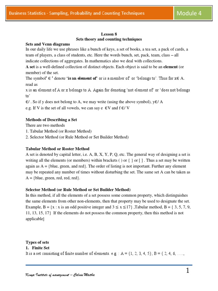 Lesson 8 Set Theory and Counting Techniques | PDF