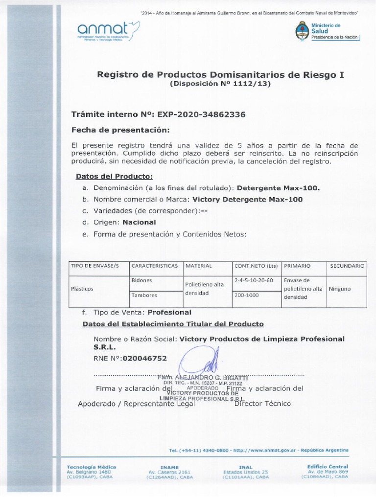 Aprob INAL -Victory Detergente Max-100 (vence 28 05 2025) | PDF