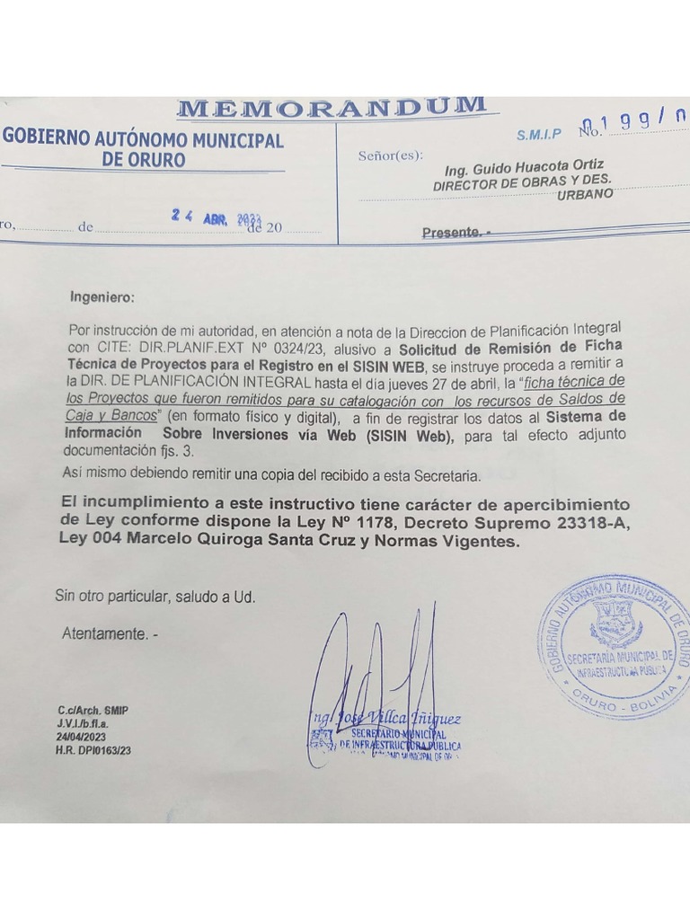 Remision Ficha Tecn proyecto para el SISIN WEB | PDF
