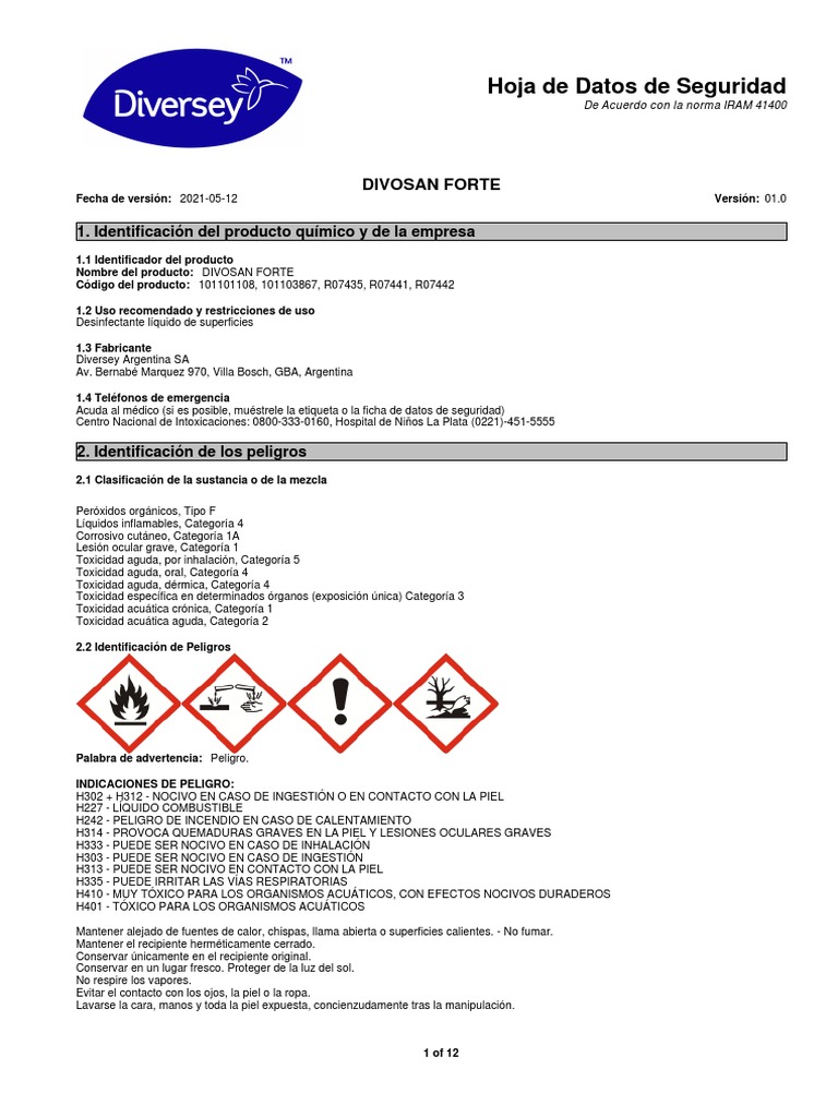 Divosan Forte: Desinfectante Líquido y Peligros | PDF | Agua | Materiales
