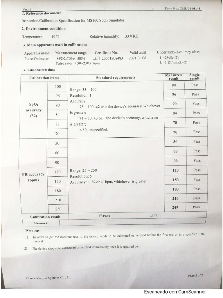 Certificado de Calibración SPO2 | PDF