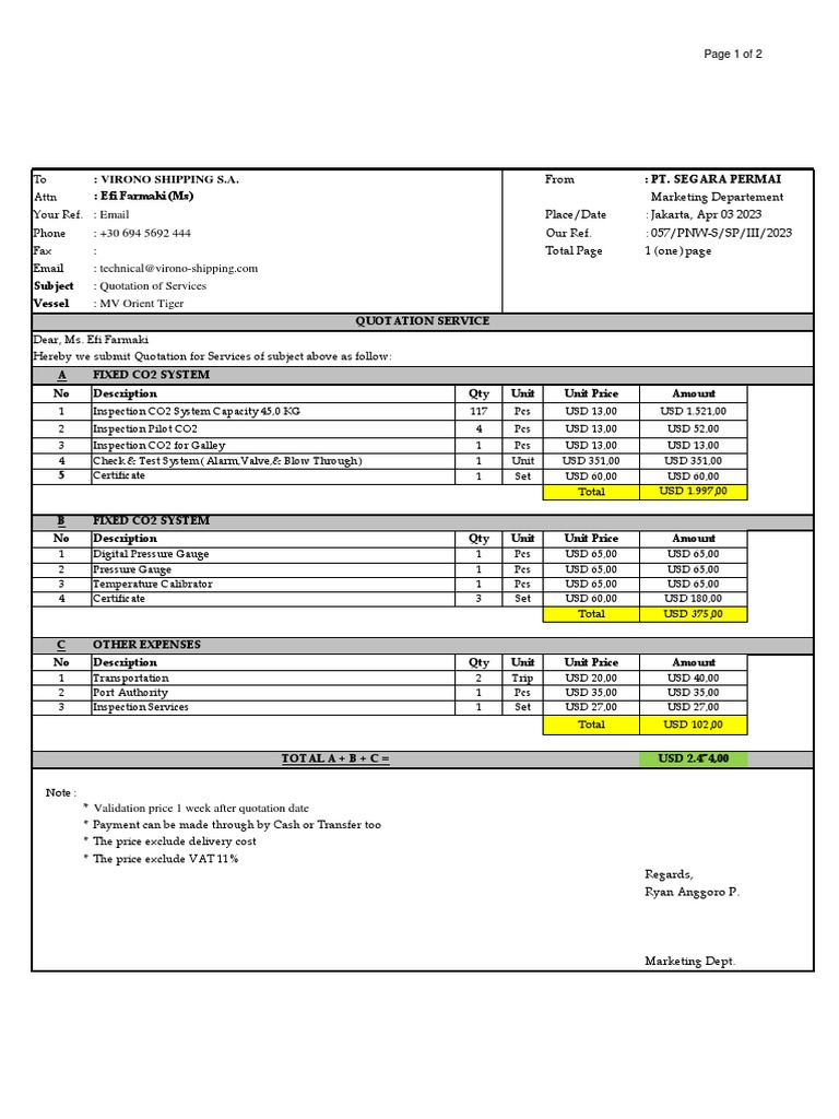 Quotation for MV Orient Tiger Services | PDF