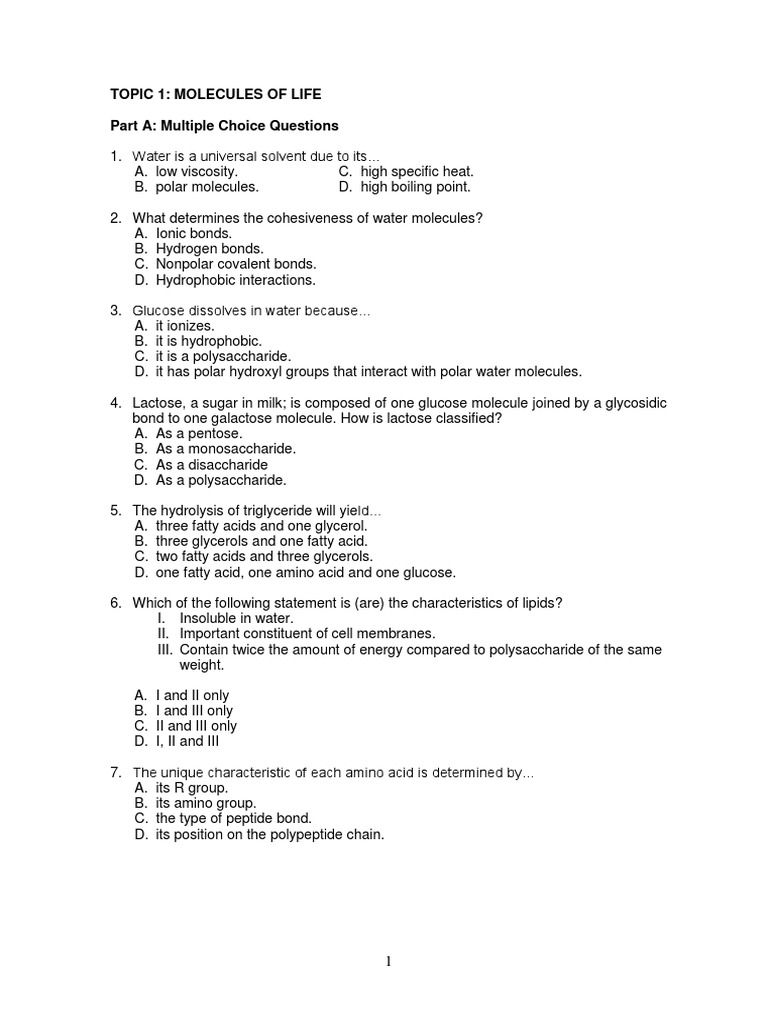 Topic 1 - Molecules of Life | PDF | Cell (Biology) | Biotechnology