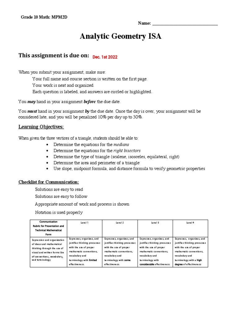2022 2023 Mpm2d Isa Pdf Triangle Elementary Mathematics