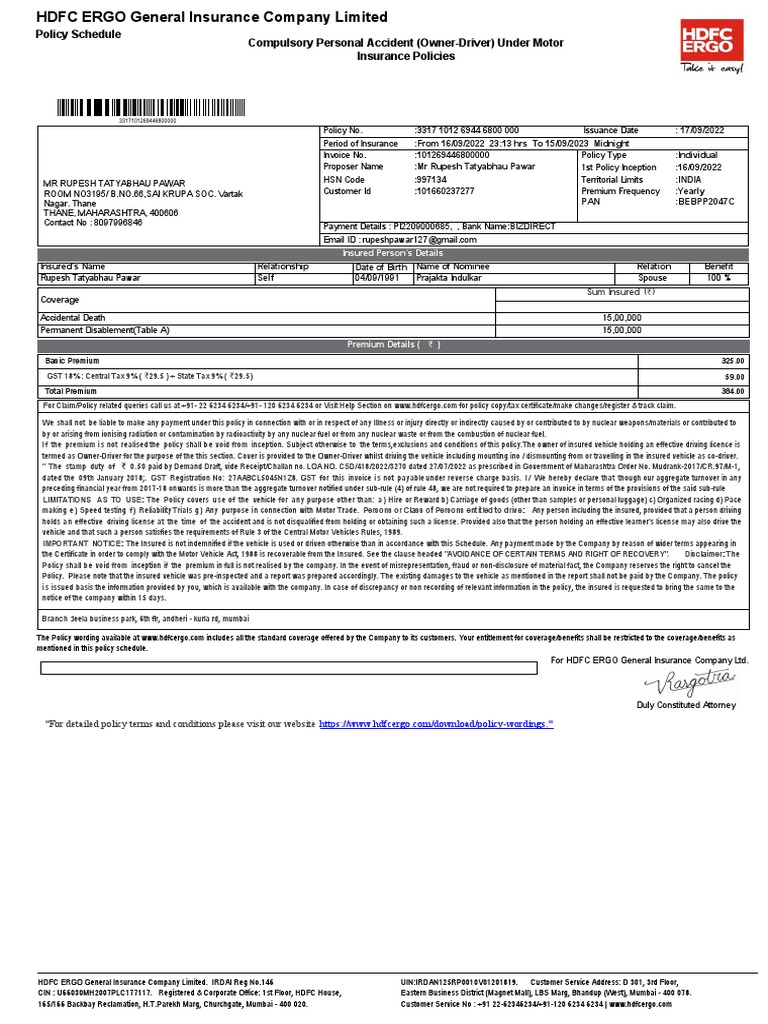 Policy Schedule Compulsory Personal Accident (Owner-Driver) Under Motor ...