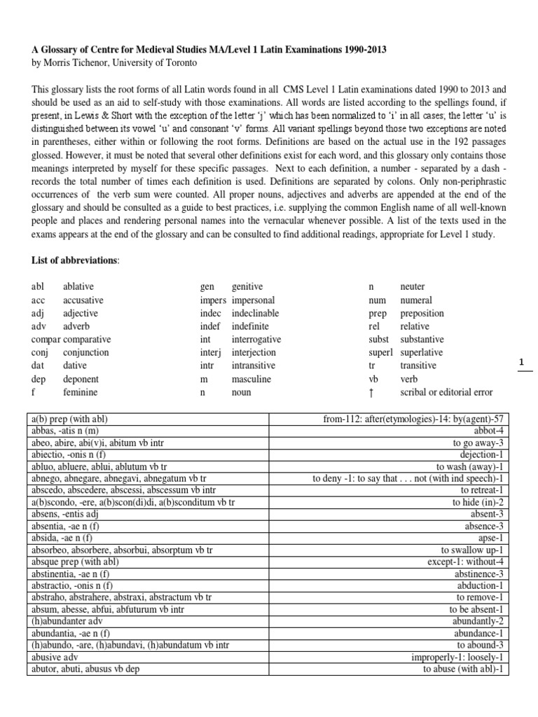 CMS Level One Latin Glossary | PDF | Latin | Lexical Semantics