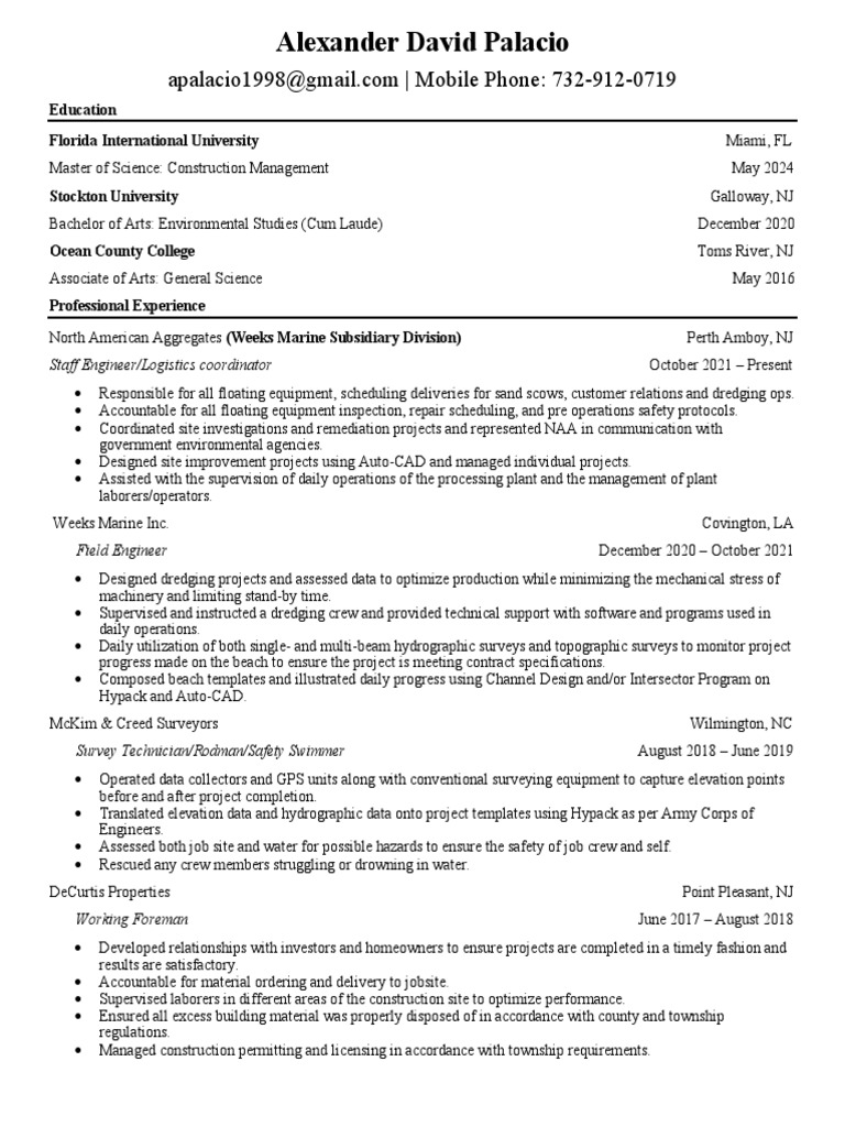 Alexander Palacio Resume 04 | PDF | Surveying | Dredging