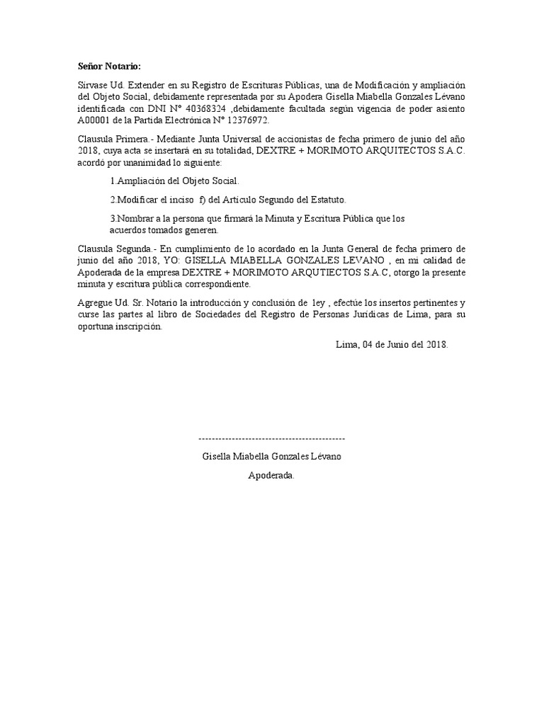 Minuta de Ampliacion y Modificación de Estatuto | PDF