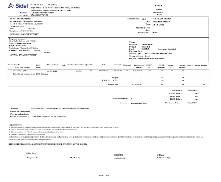 Sidel India Purchase Order Details | PDF