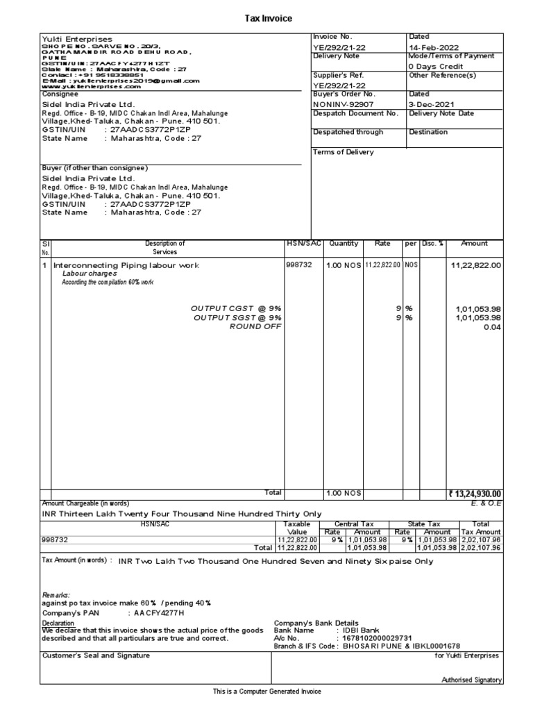Sidel Tax Invoice 292 Pdf Invoice Taxes 