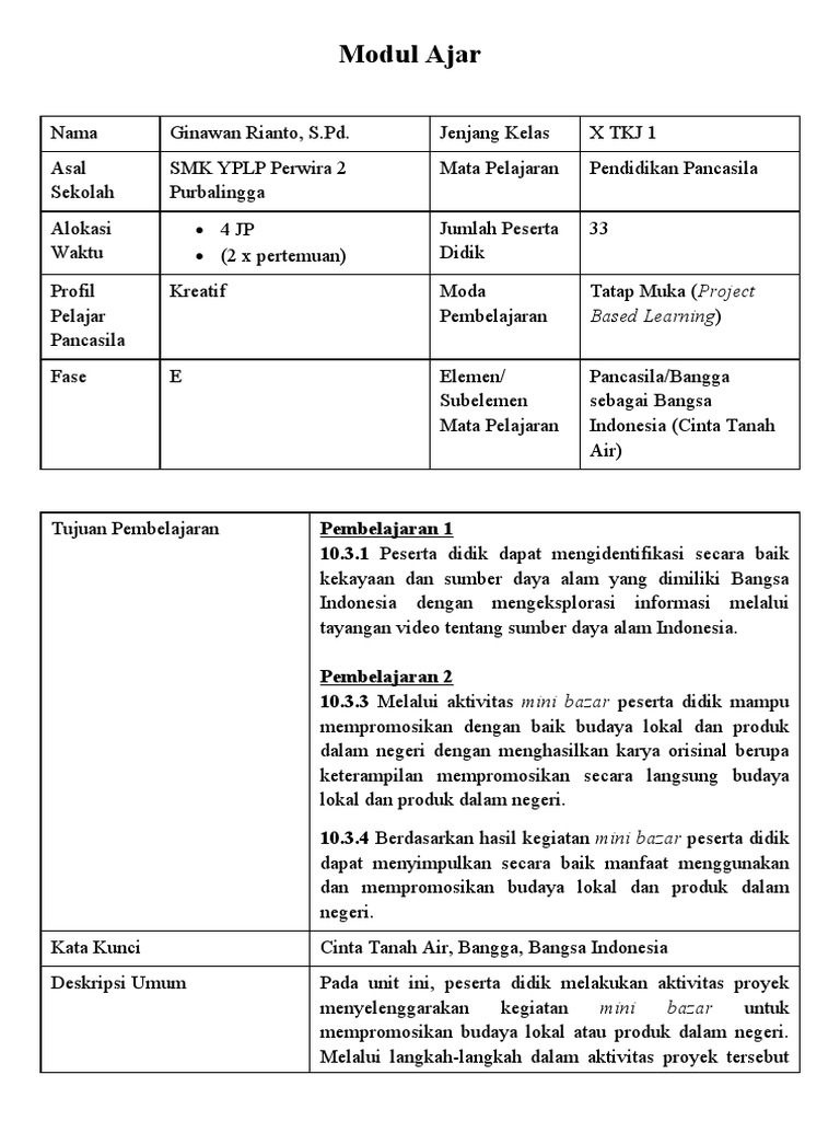 Modul Ajar 2 - PJBL - Pancasila (Produk Dalam Negeri Dan Budaya Lokal ...