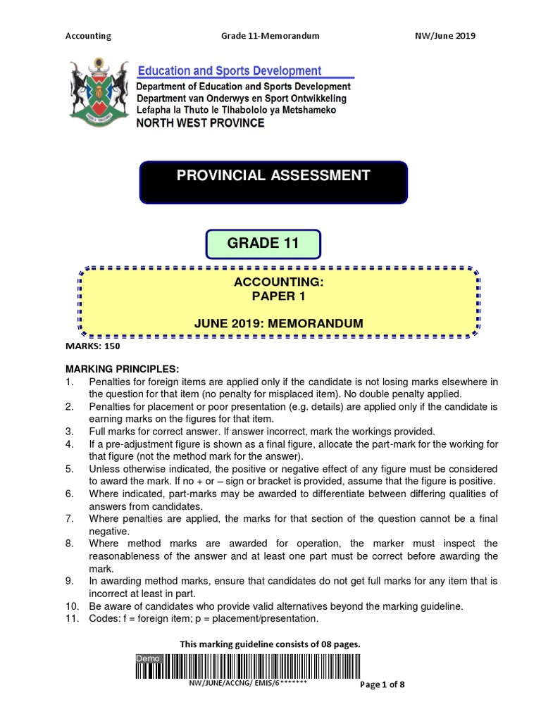 Accounting GR 11 MEMO P1 | PDF